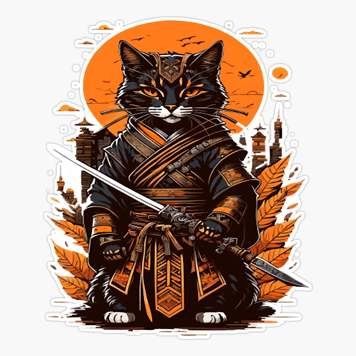 Maneki Yellow Moon Samurai Cat Sticker, Phone Decal Water Bottle ...