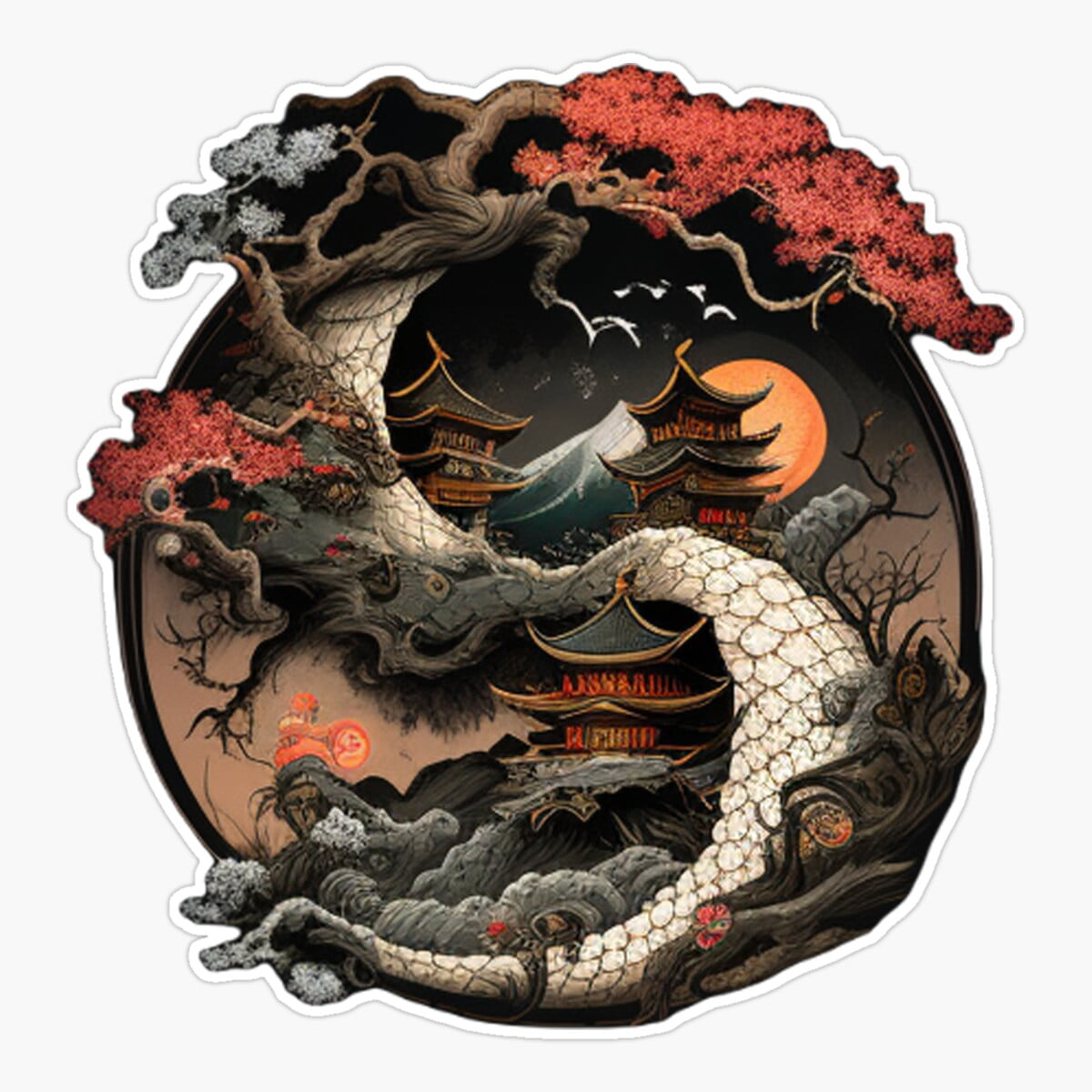 Maneki Yin And Yang Japanese Castle Sticker, Phone Decal Water Bottle ...