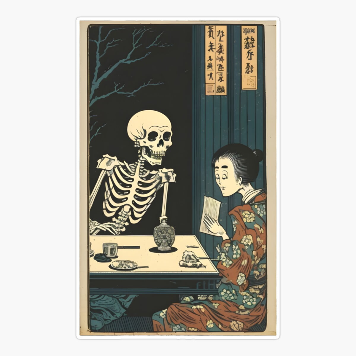 Maneki Yokai - Night With A Skeleton (Woodblock) Sticker, Phone Decal ...