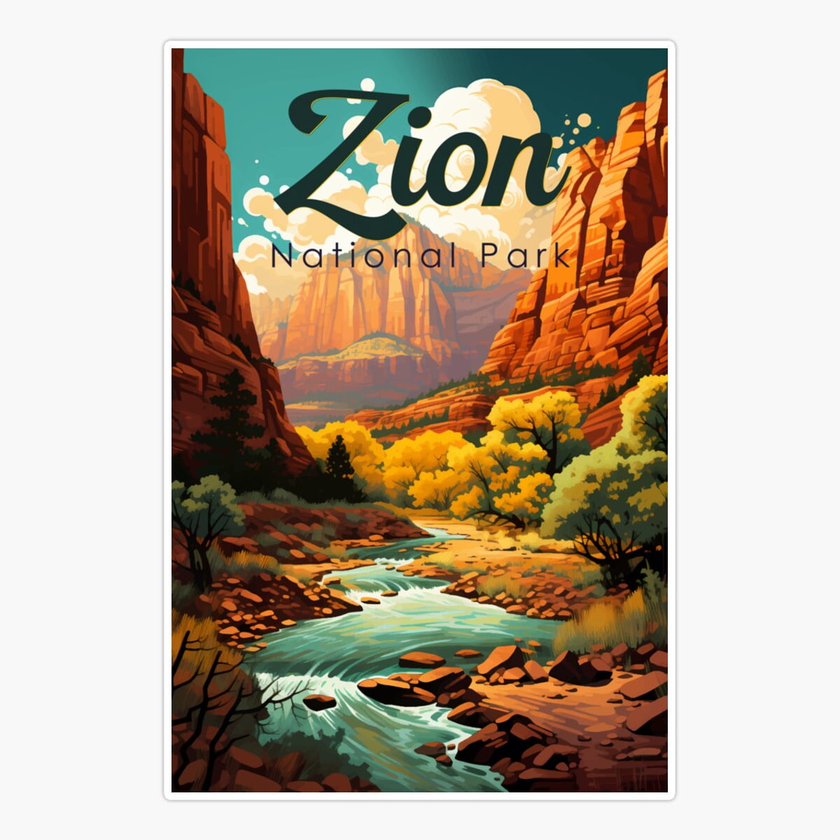 Maneki Zion National Park Illustration Retro Sticker, Phone Decal Water ...