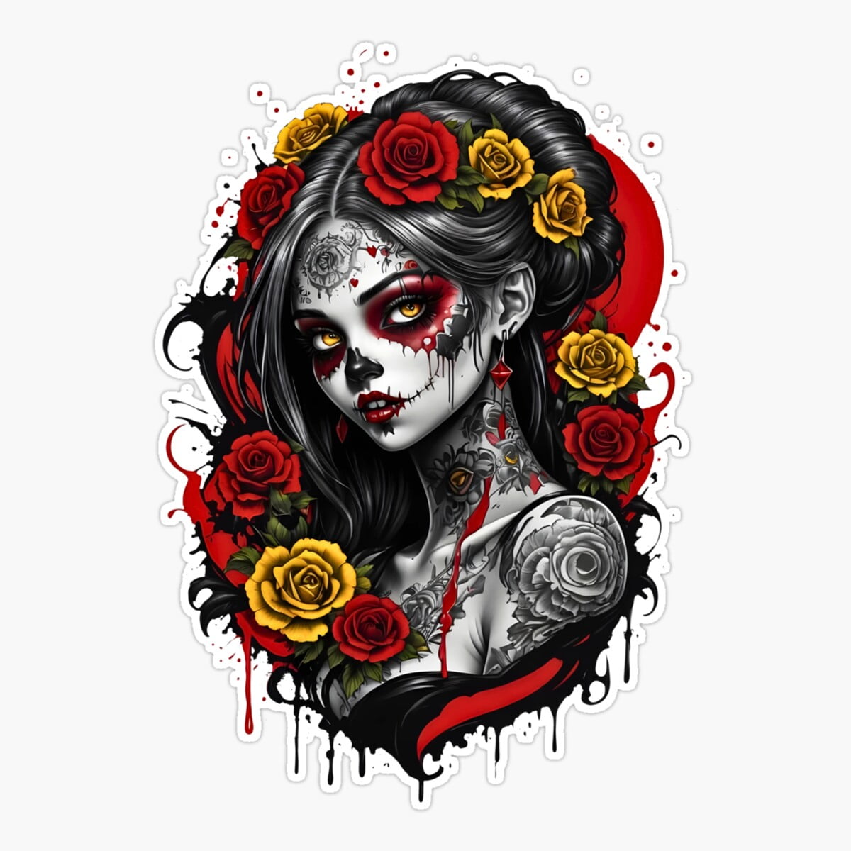 Maneki Zombie Girl Splash Art Retro Vintage Loral Design Sticker, Phone ...