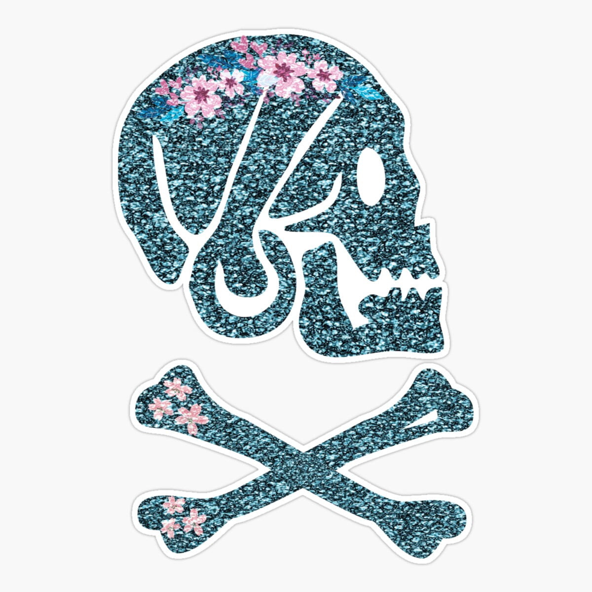 Maneki blue teal glitter skull with crossbones and pink tints lowers er ...