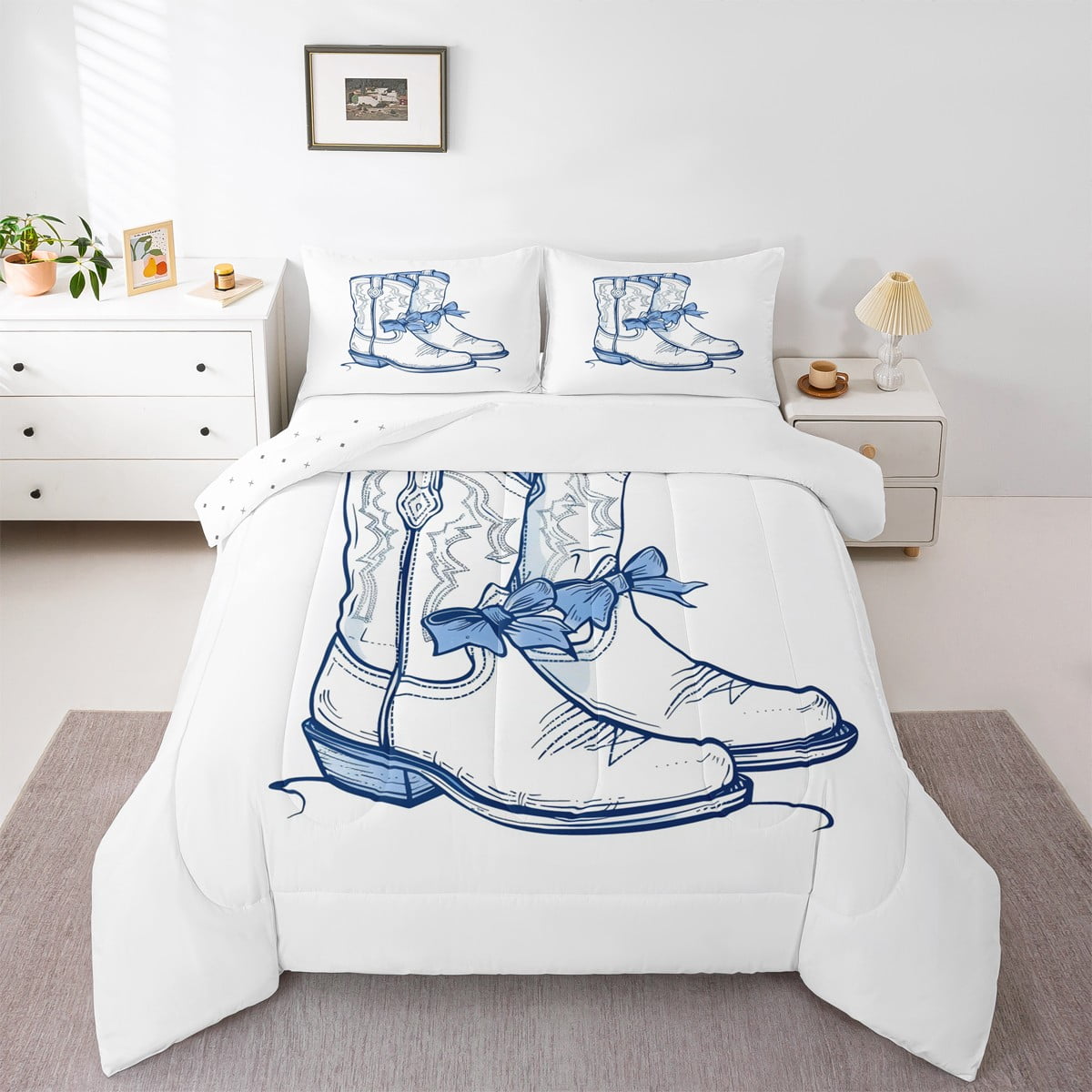 Manfe Cowgirl Cowboy Boot Child Bedding Comforter Set, White Blue ...