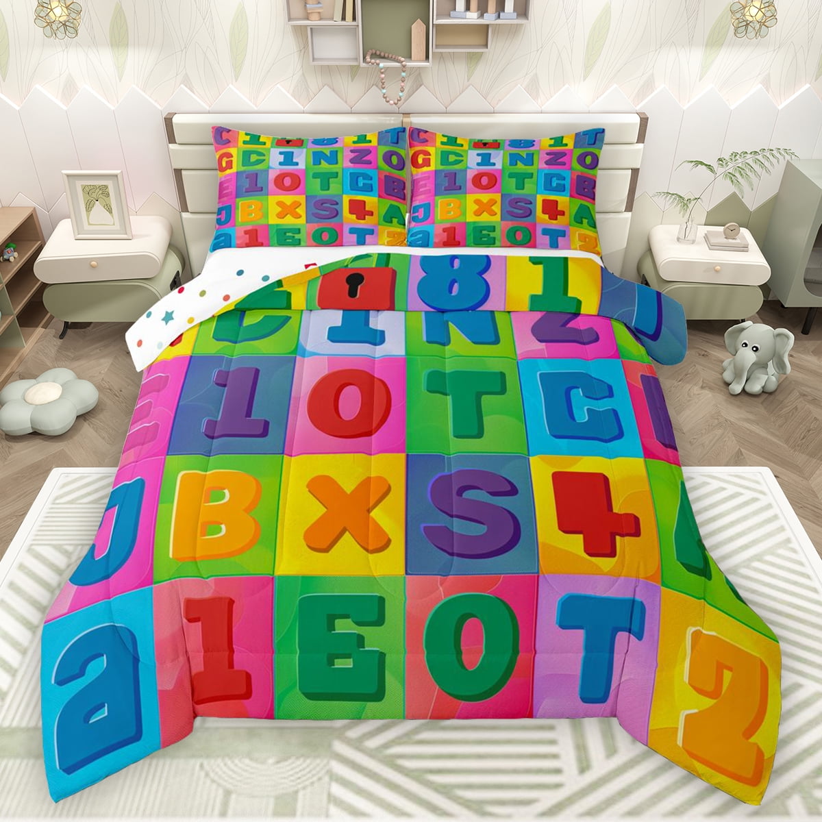 Manfei 26 Letters Alphabet Bedding Comforter Set,Colorful Geometric ...