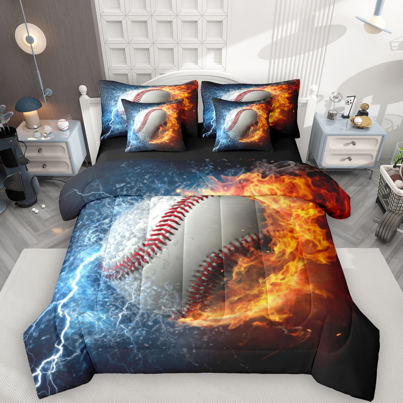 Manfei 3D Baseball 7-Piece Twin Bedding Sets for Boys, Fire and Water ...