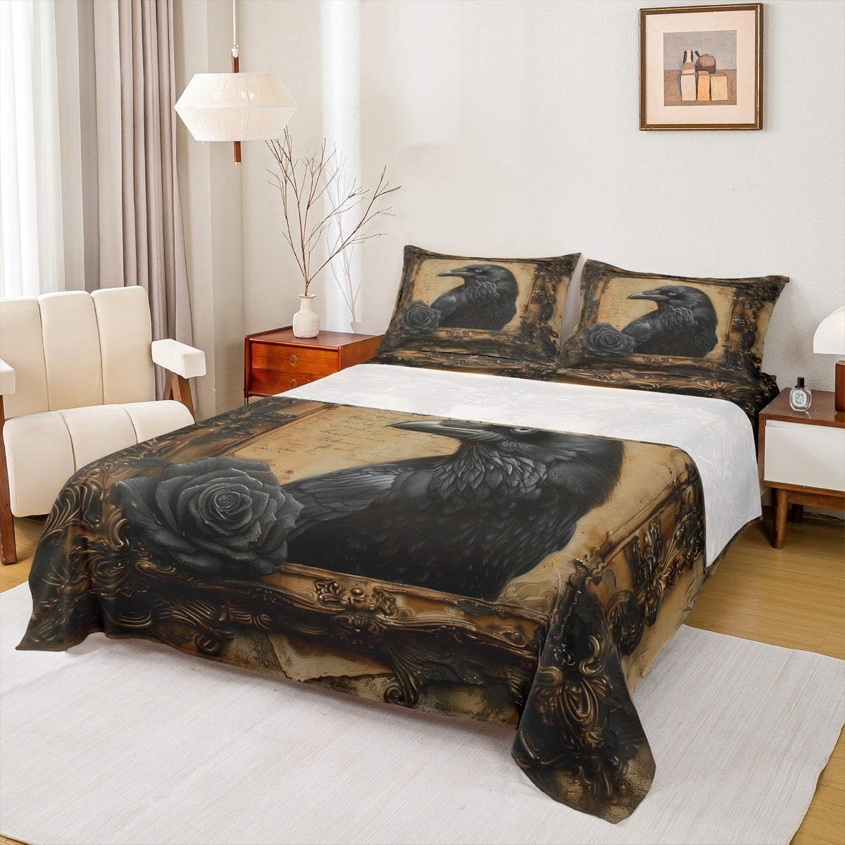 Manfei 3D Black Crow Bed Sheets, Retro Romantic Flower Floral King ...