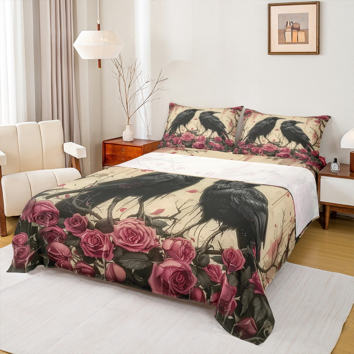 Manfei 3D Black Crow Queen Sheet Sets, Vintage Western Rose Floral Flat ...