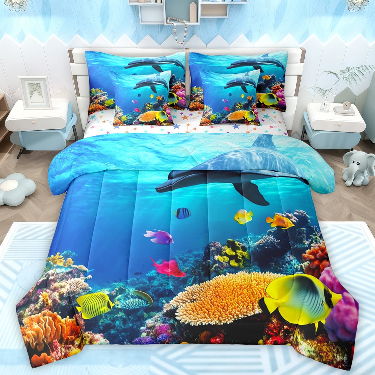 Manfei 3D Blue Dolphin Bedding Comforter Set 7 Pieces for Kids, Kawaii ...