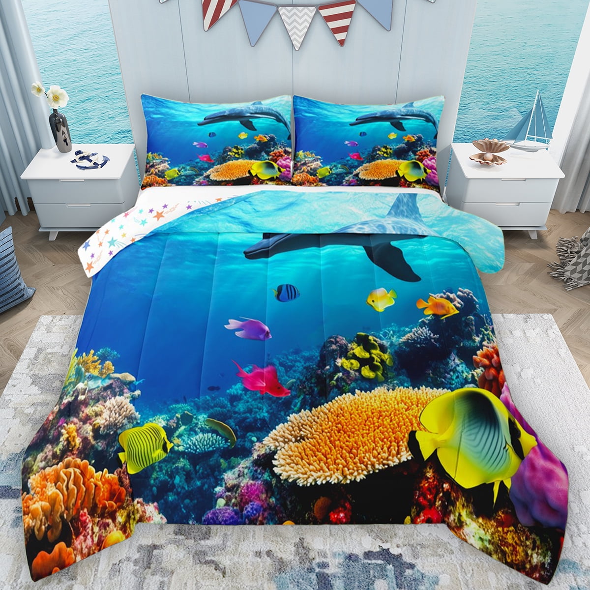 Manfei 3D Blue Dolphin Bedding Comforter Set for Kids, Kawaii Ocean ...