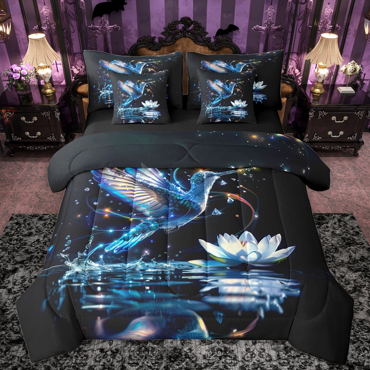 Manfei 3D Blue Hummingbird Bedding Comforter Set 7pcs, Lake Lotus ...