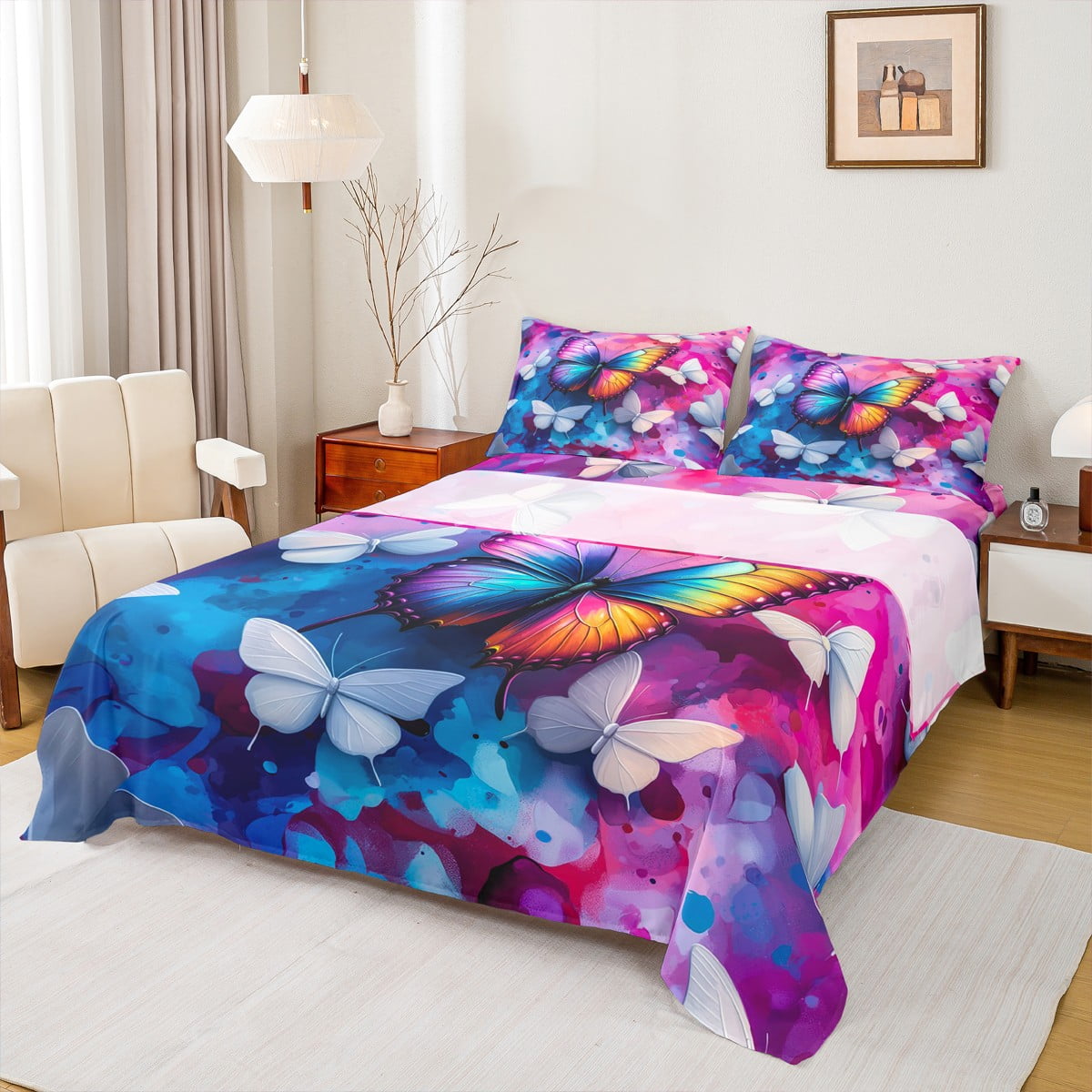 Manfei 3D Butterfly Sheet Set Queen,Watercolor Splashing Ink Bedding ...