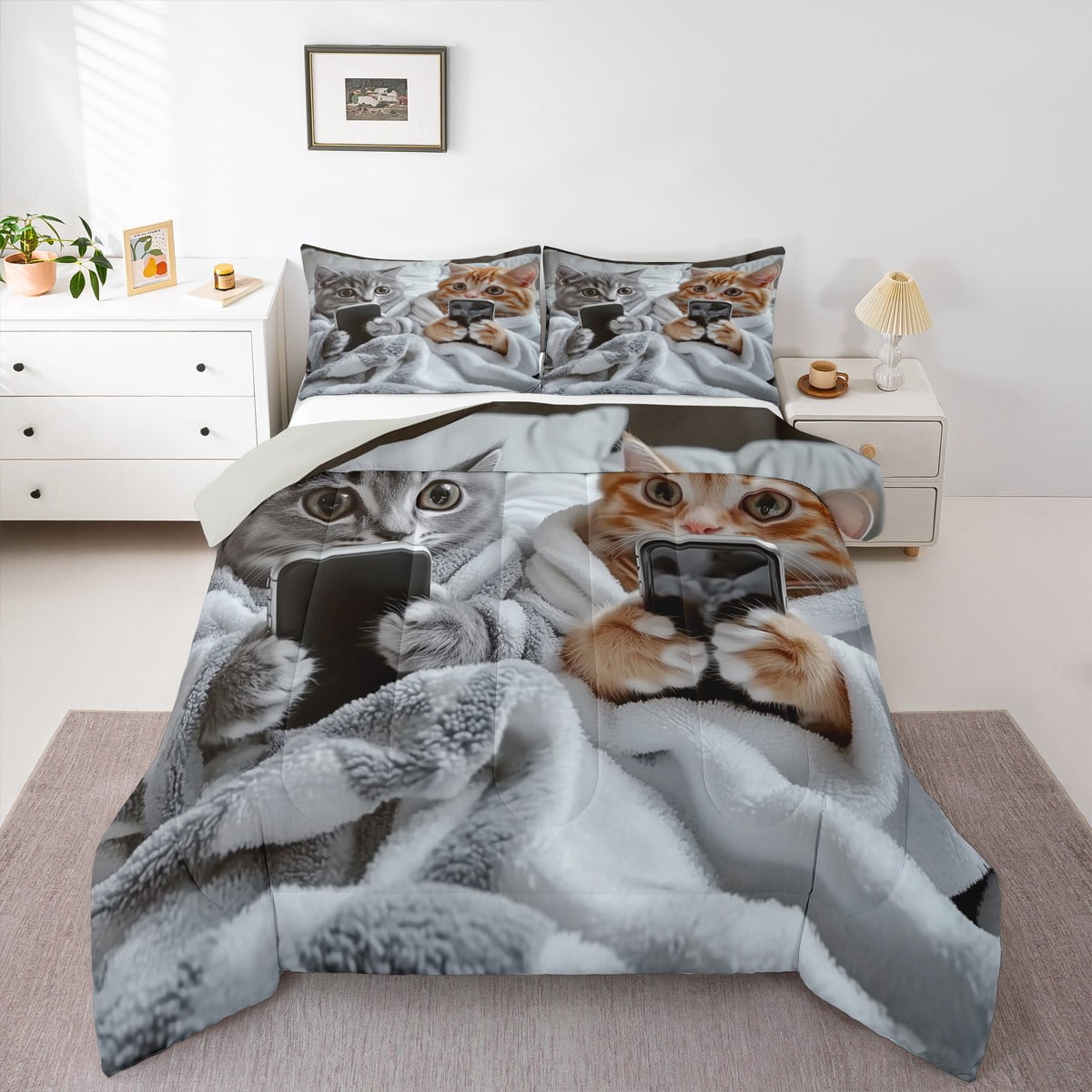 Manfei 3D Cat Queen Comforter Set for Child, Kawaii Kitten Lover ...