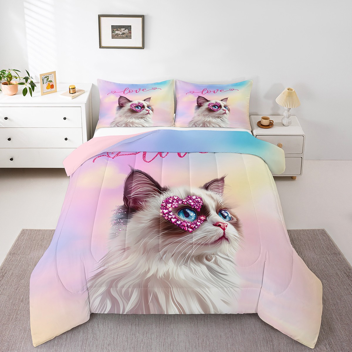 Manfei 3D Cute Cat Comforter Sets King Size, Kawaii Animal Comforters ...
