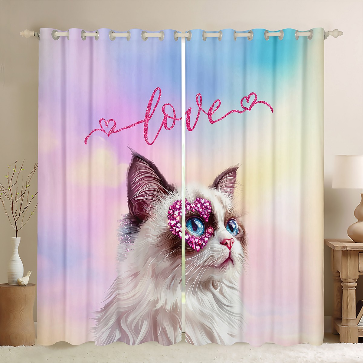 Manfei 3D Cute Cat Curtains and Drapes (42x63), Kawaii Animal Curtains ...