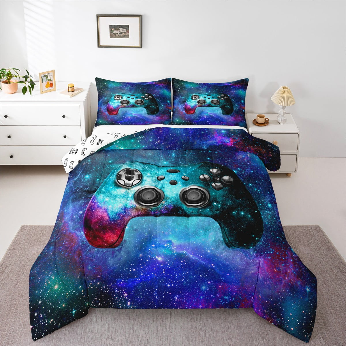 Manfei 3D Cyan Gamepad Full Size Comforter Sets, Mystic Glitter Galaxy ...