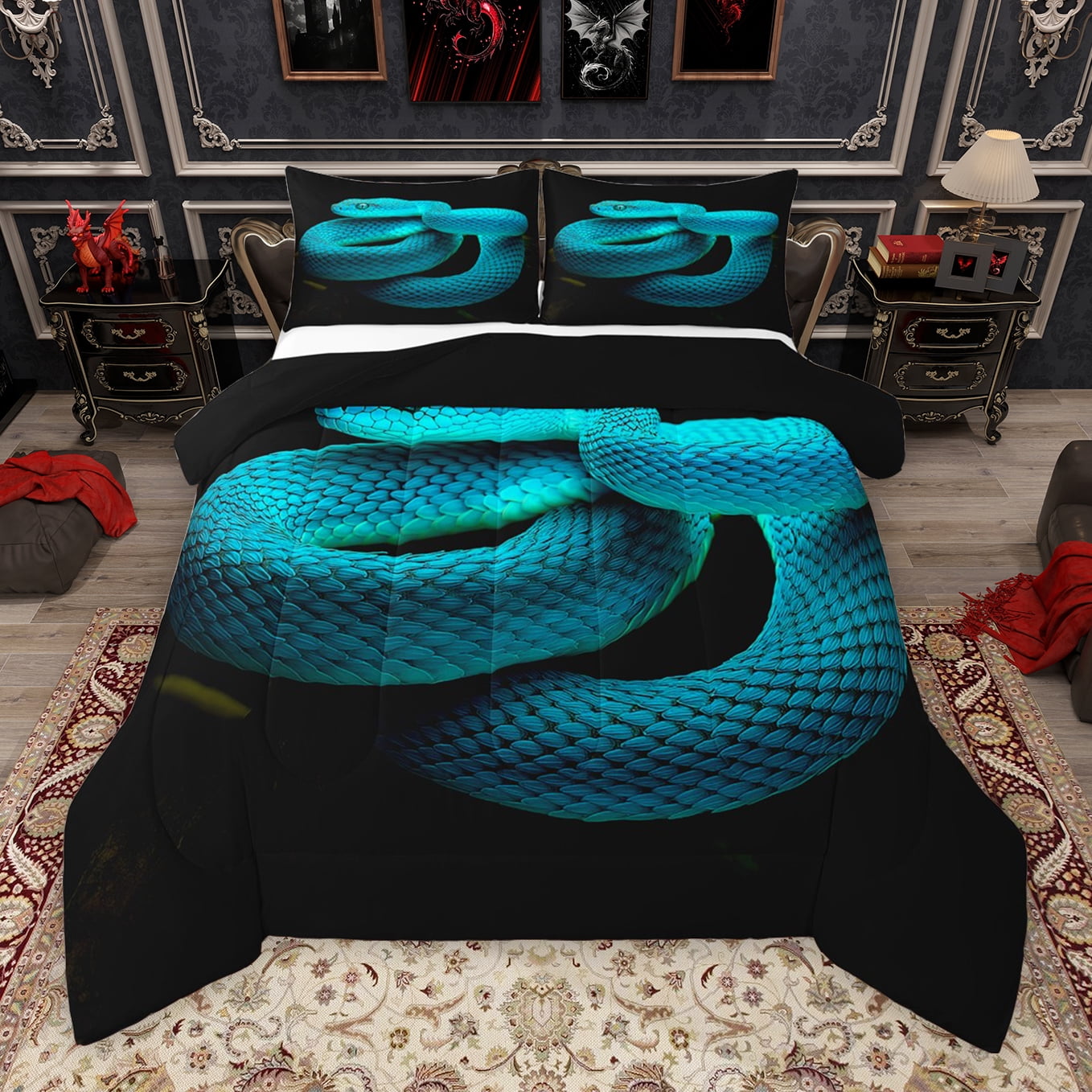 Manfei 3D Cyan Snake Full Size Comforter Sets, Mystic Jungle Wildlife ...
