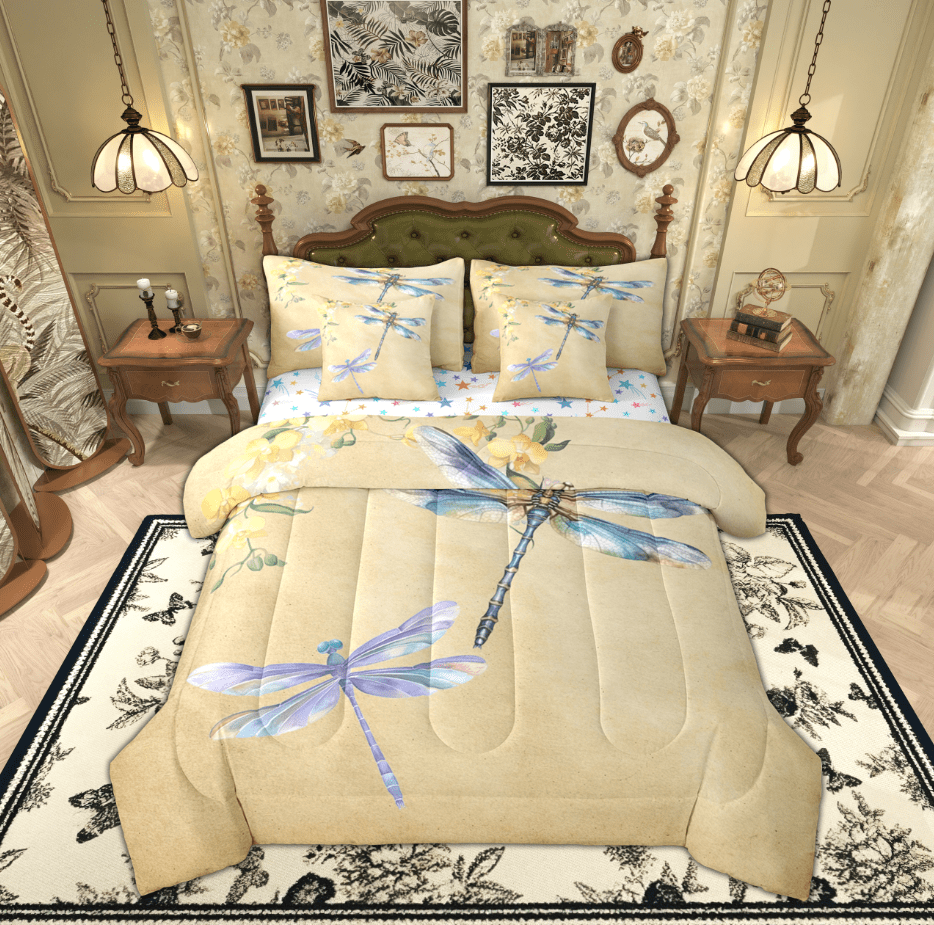 Manfei 3D Dragonfly Bedding Comforter Set 7pcs for Kids, Vintage Garden ...