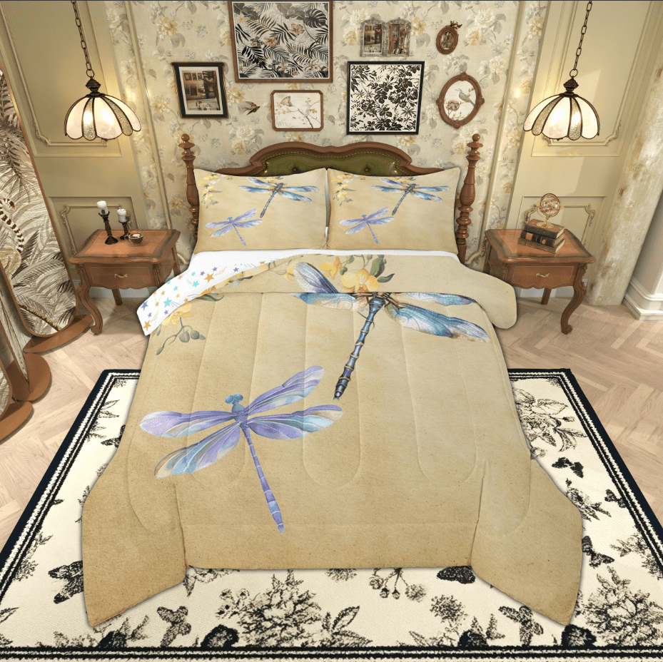 Manfei 3D Dragonfly Queen Comforter Set for Kids, Vintage Garden Animal ...