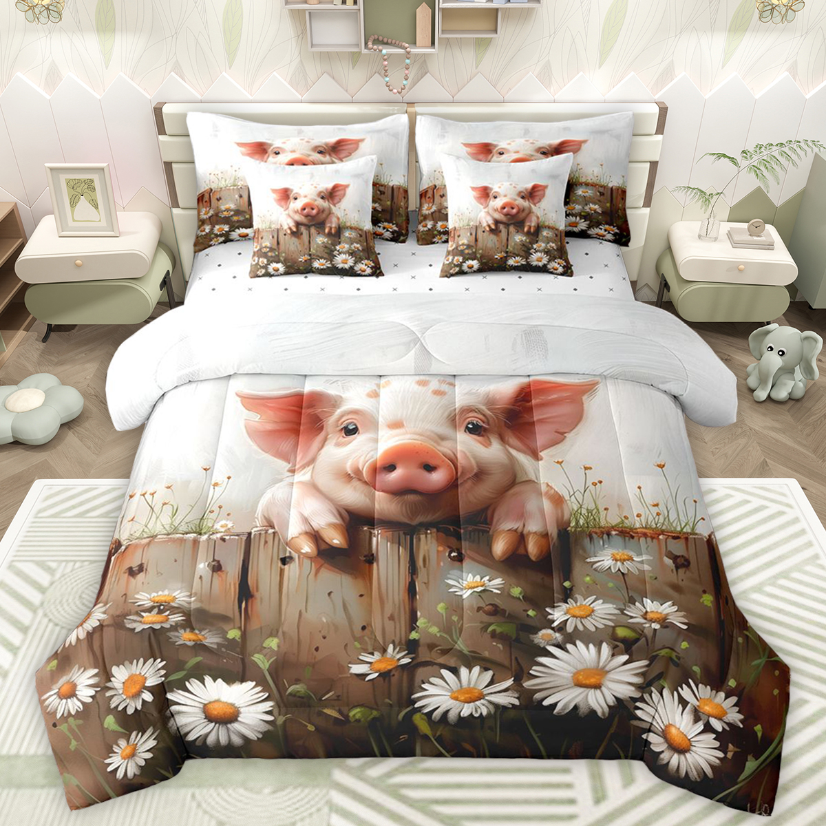 Manfei 3D Farm Pig Twin Bedding Sets 7-Piece for Kids, Vibrant Groovy ...