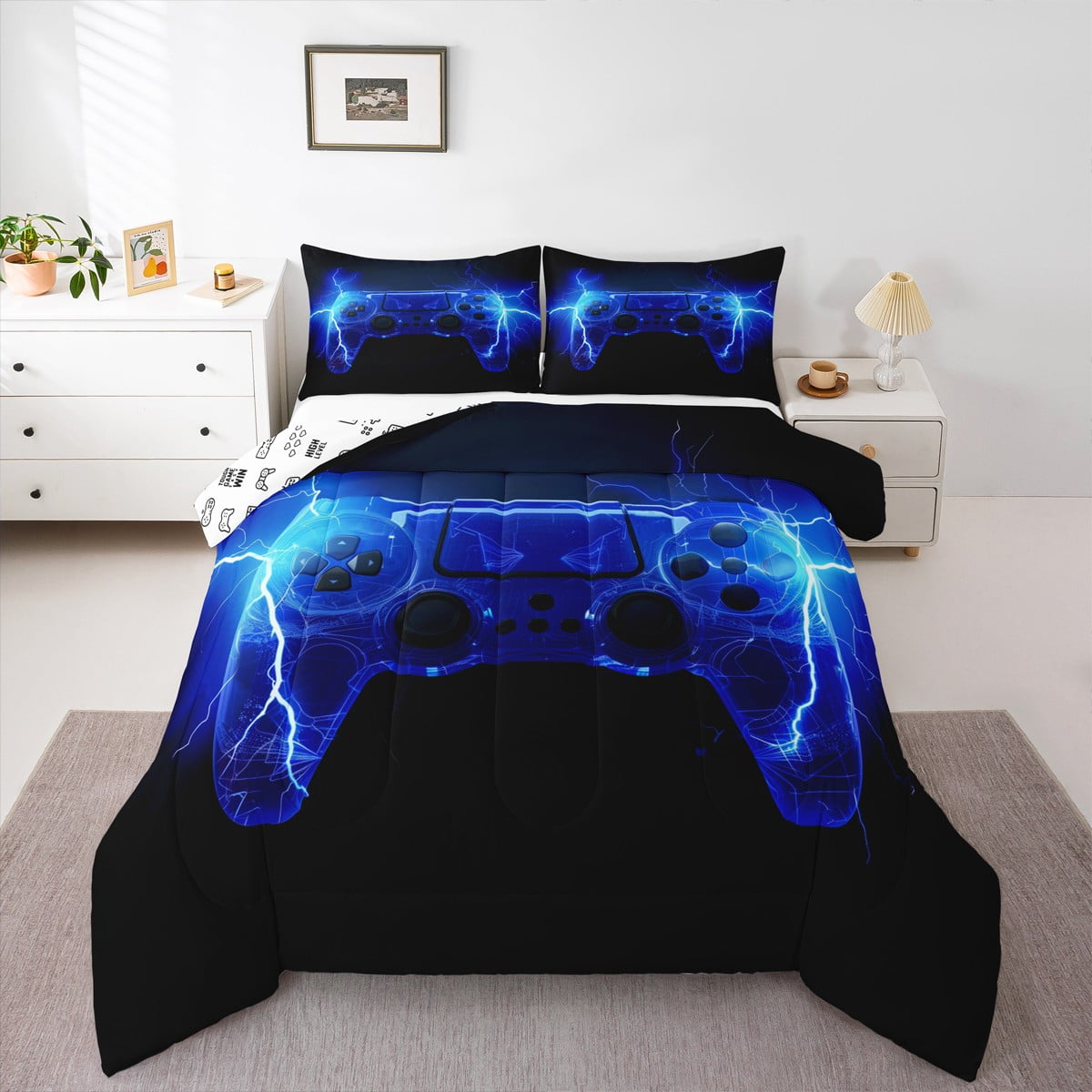 Manfei 3D Gamepad Child Bedding Comforter Set, Neon Blue Lightning Twin ...