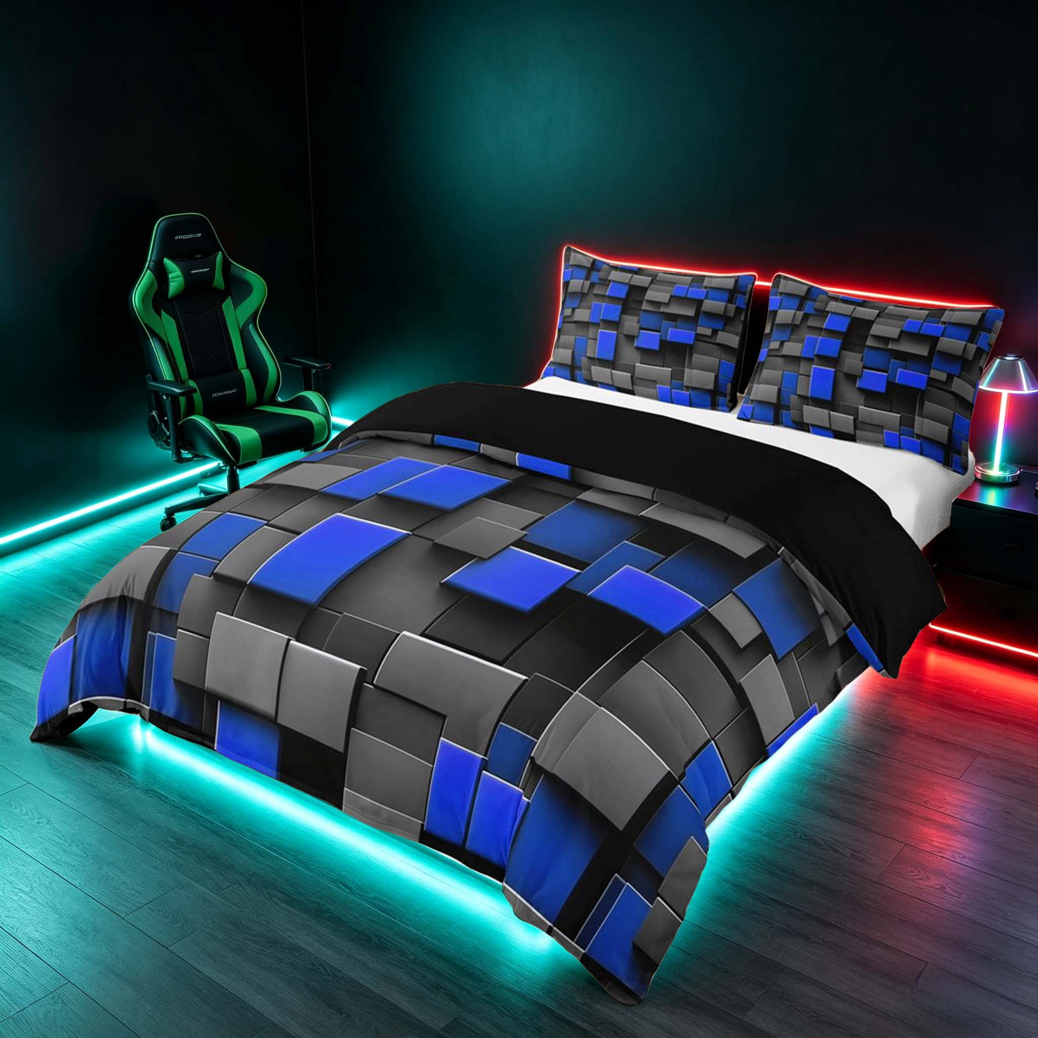 Manfei 3D Geometric Cubes Bedding, Gray Blue Checkered Duvet Cover Full ...