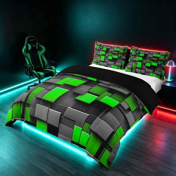 Manfei 3D Geometric Cubes Duvet Cover Queen, Gray Bright Green ...
