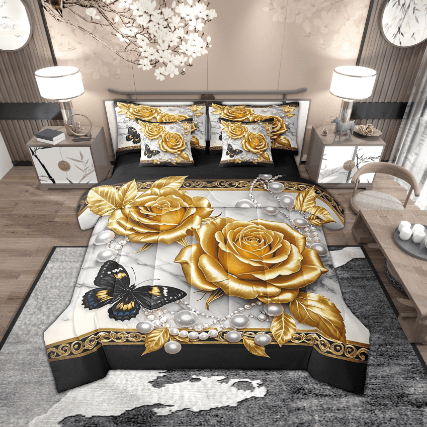 Manfei 3D Gold Rose Floral 7-Piece Bedding Sets King Size for Girls ...