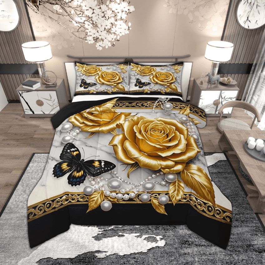 Manfei 3D Gold Rose Floral Comforter Sets Full Size for Girls, Chic ...