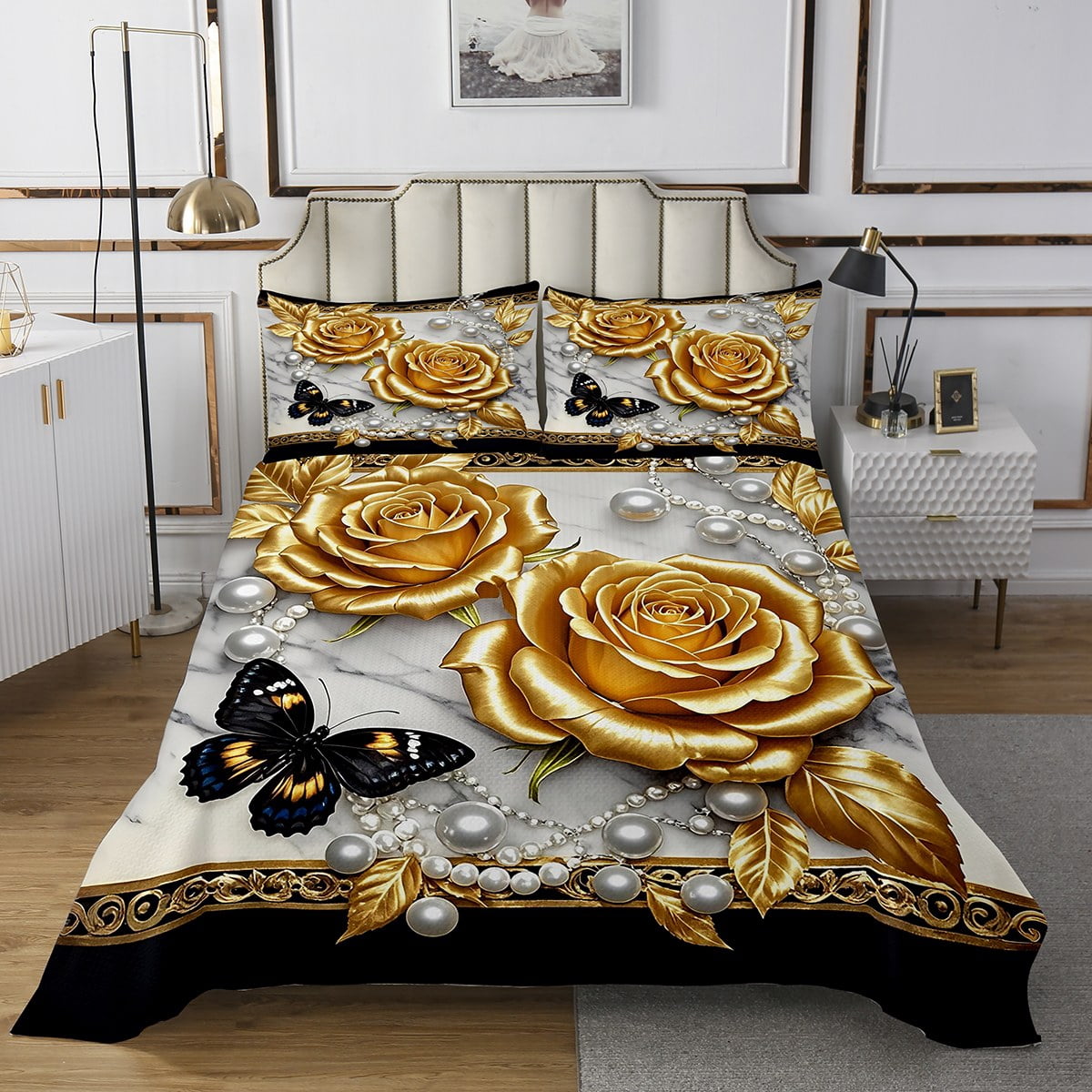Manfei 3D Gold Rose Floral Quilt Sets for Twin Size Bed for Girls, Chic ...