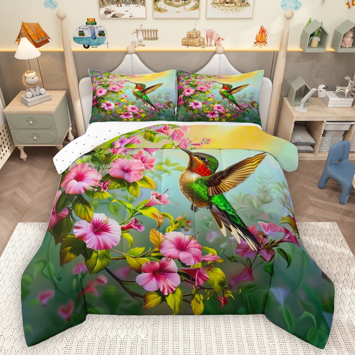 Manfei 3D Green Hummingbird Full Size Comforter Sets, Pink Cherry ...