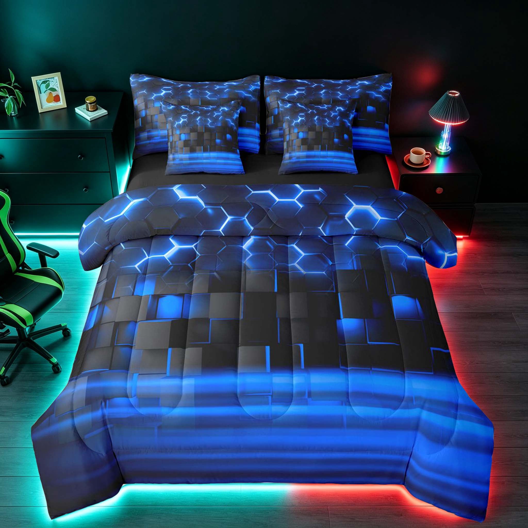 Manfei 3D Hexagon Neon Light Full Size Bedding Sets, Blue Glowing Cube ...