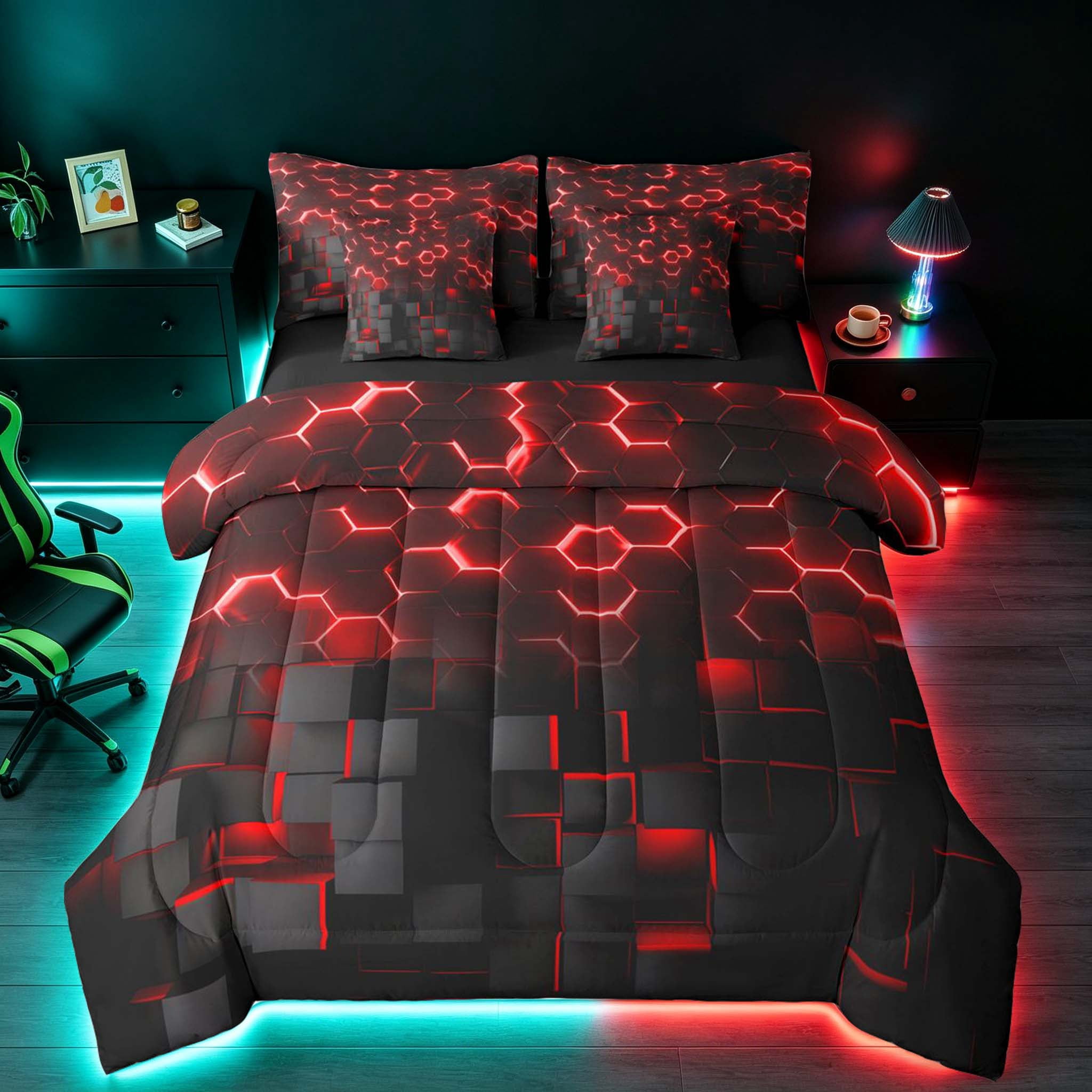 Manfei 3D Hexagon Neon Light Full Size Bedding Sets, Red Glowing Cube ...