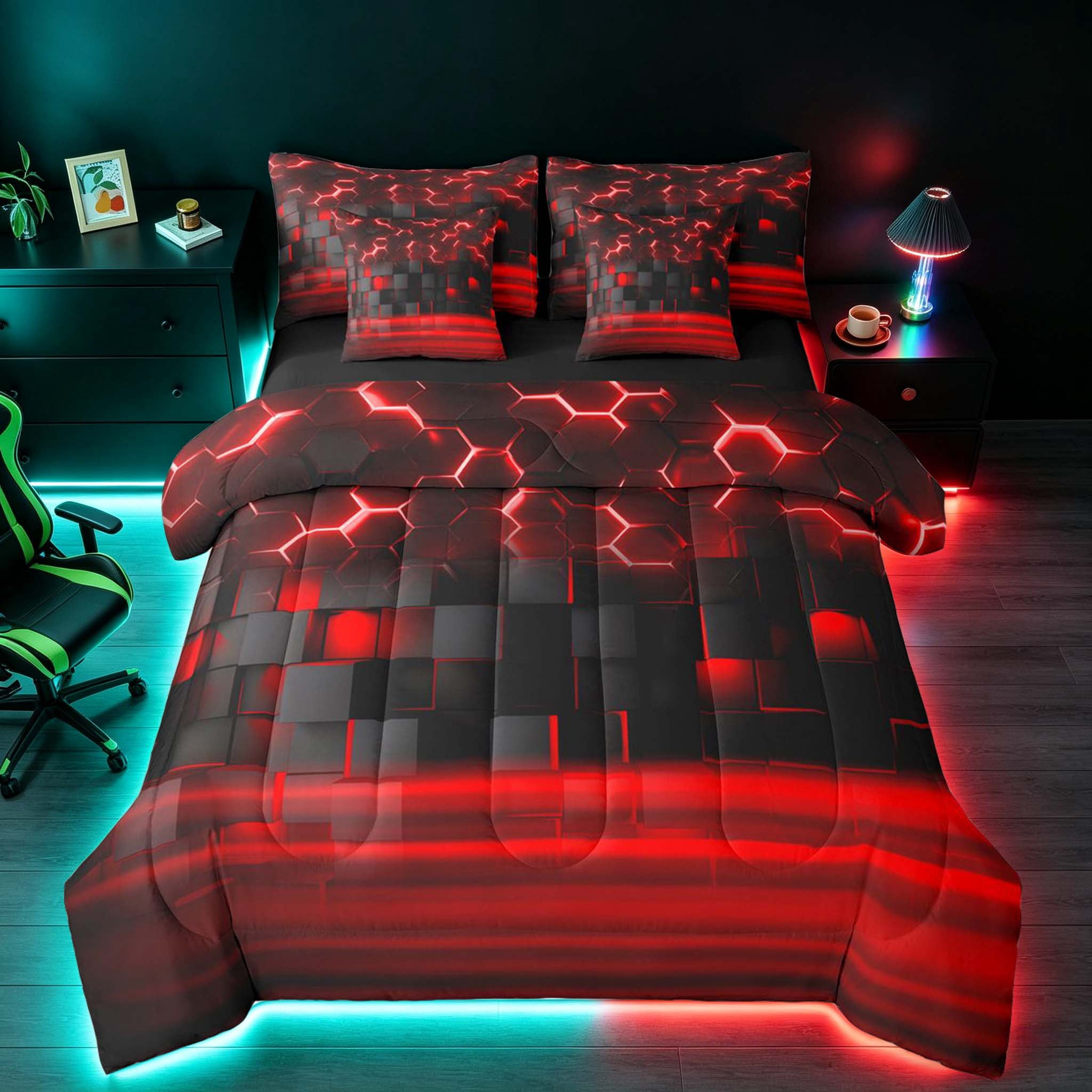 Manfei 3D Hexagon Neon Light Twin Bedding, Red Glowing Cube Bedding ...