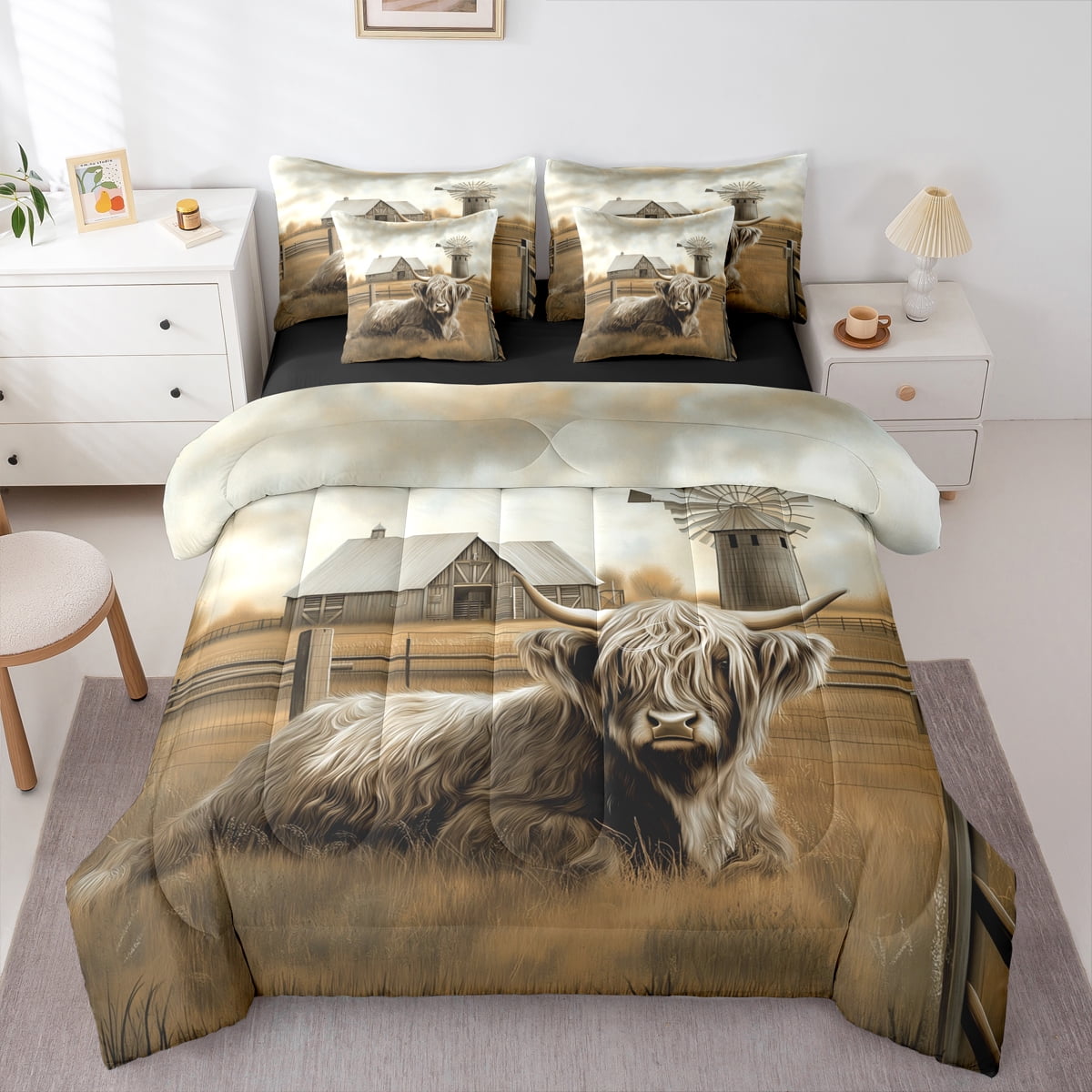Manfei 3D Highland Cattle Bedding Comforter Set 7pcs, Rustic Farmhouse ...