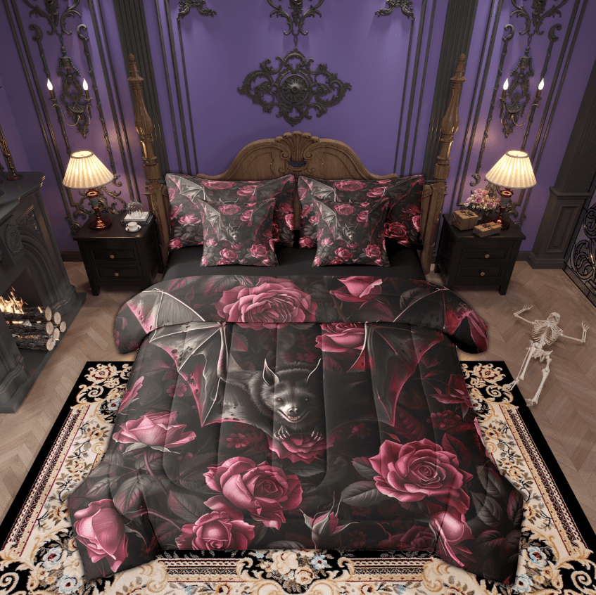 Manfei 3D Horror Bat Bedding Comforter Set 7pcs, Western Retro Rose ...