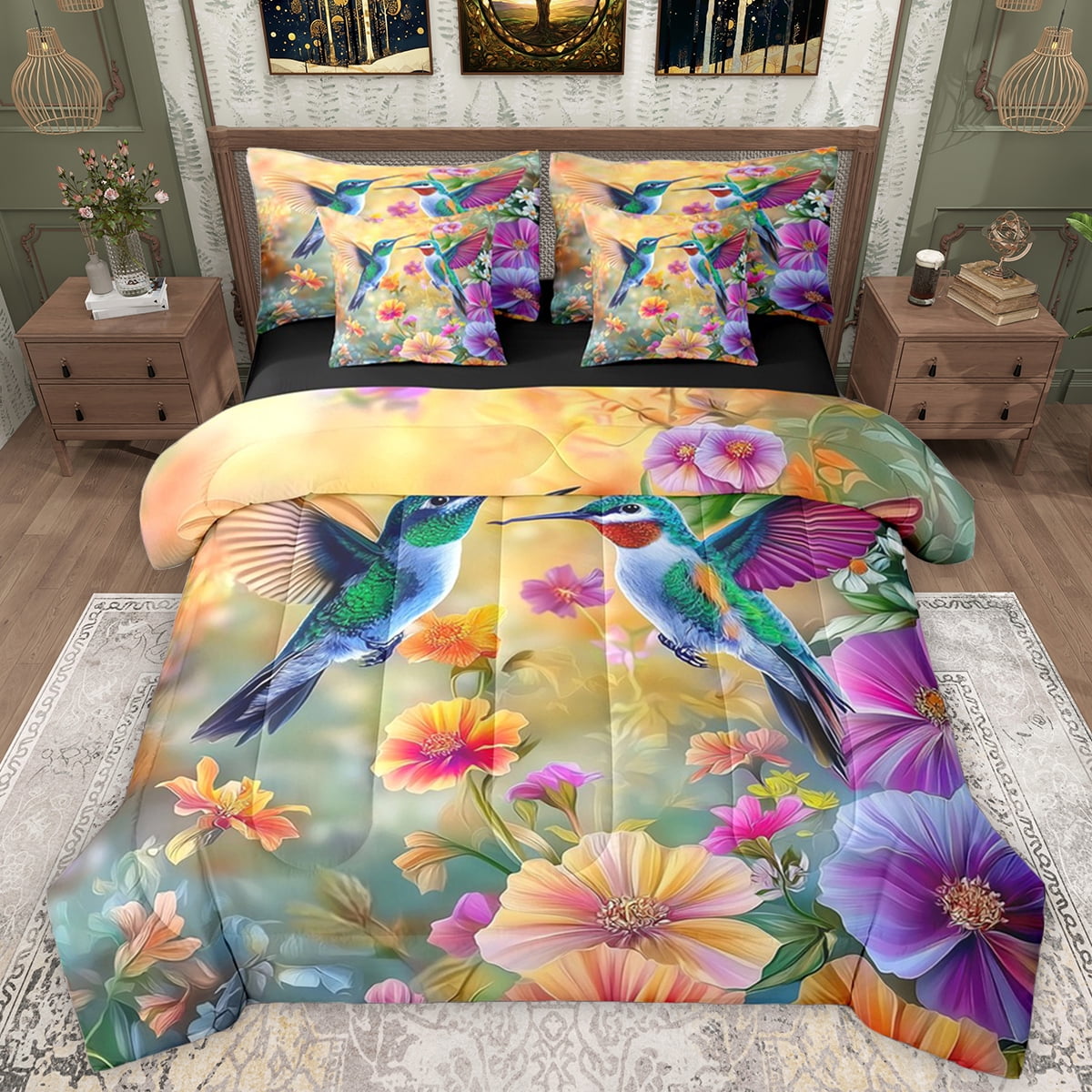Manfei 3D Hummingbird Women Bedding Comforter Set 7pcs, Vintage Flower ...