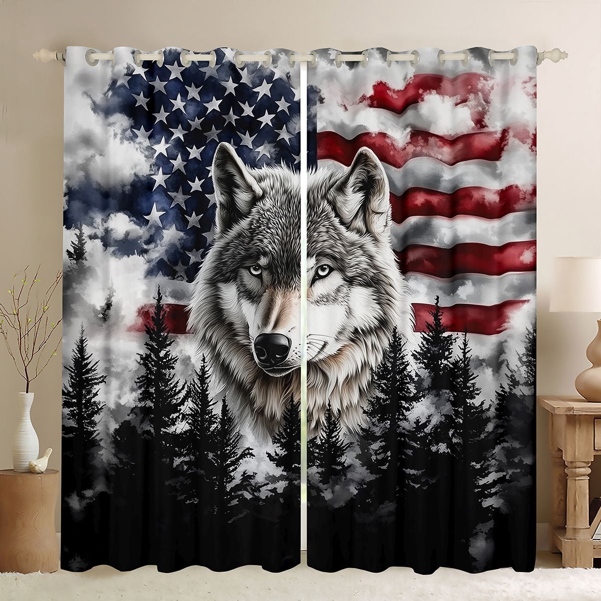 Homewish 3D Jungle Wolf Black Out Curtains, Retro American Flag ...