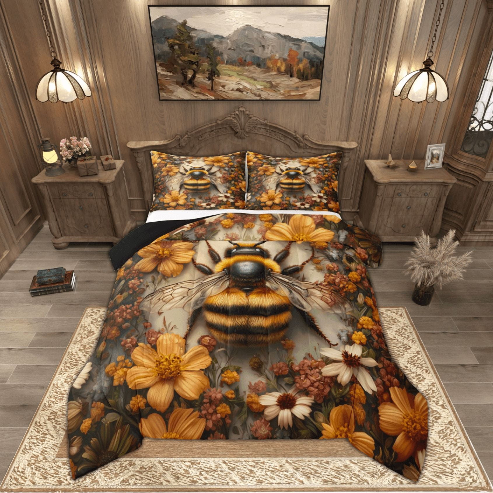 Manfei 3D Kawaii Bee King Size Comforter Sets, Farmhouse Flower Bedding ...