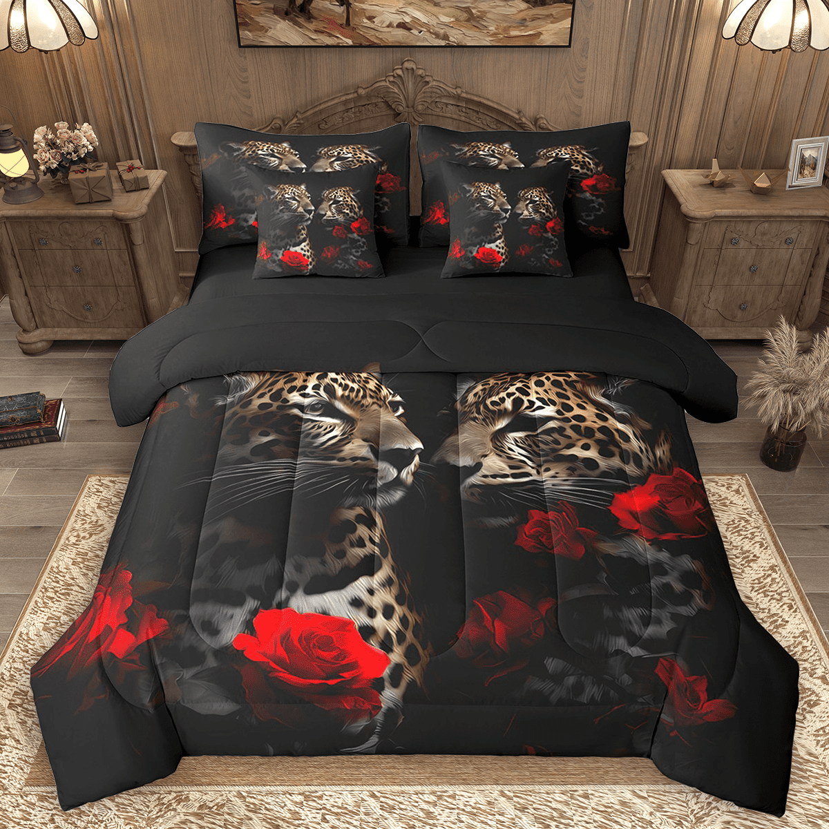 Manfei 3D Leopard Cheetah Bedding Comforter Set 7-Piece, Chic Red Rose ...
