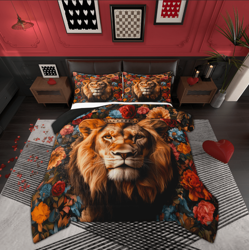 Manfei 3D Lion Bedding Comforter Set for Kids, Retro Style Flower Twin ...