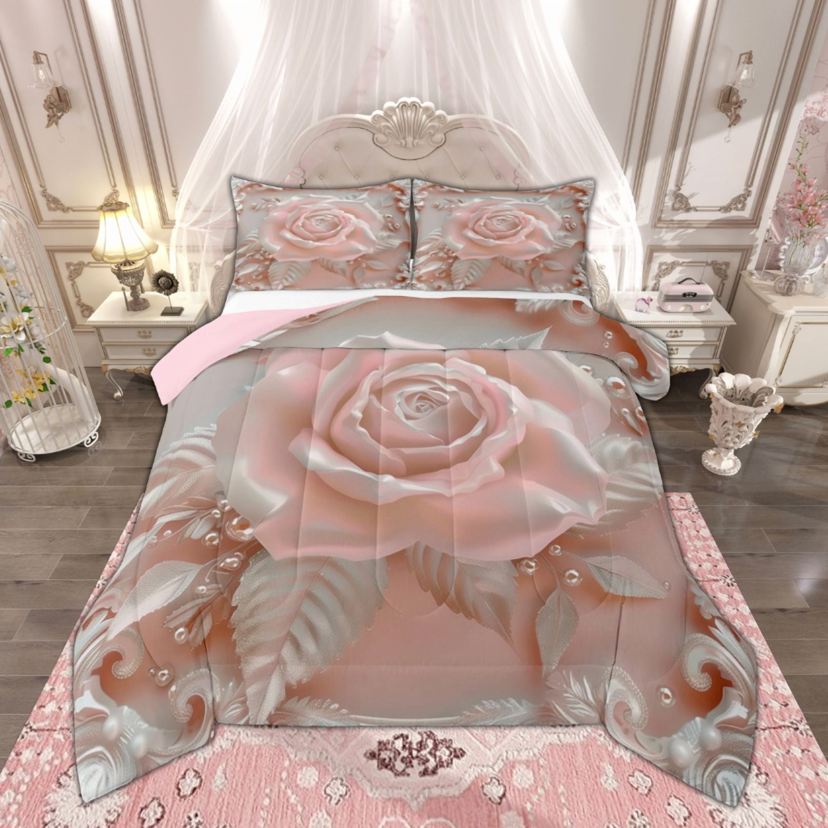 Manfei 3D Pearl Floral Full Size Comforter Sets for Girls, Chic Flower ...