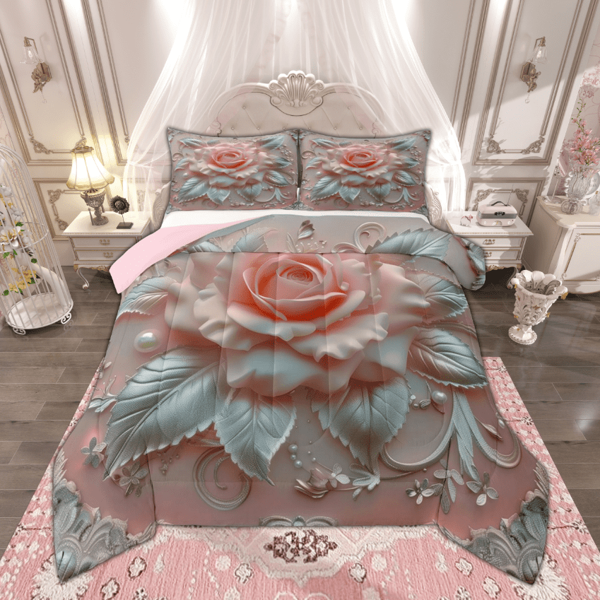 Manfei 3D Pearl Flower Queen Comforter Set for Girls, Chic Flower ...