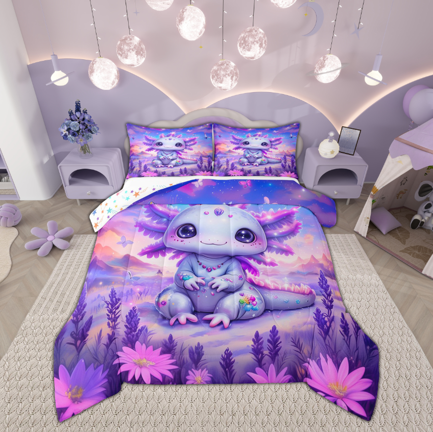 Manfei 3D Purple Axolotl Bedding Comforter Set, Mystic Galaxy Flower ...