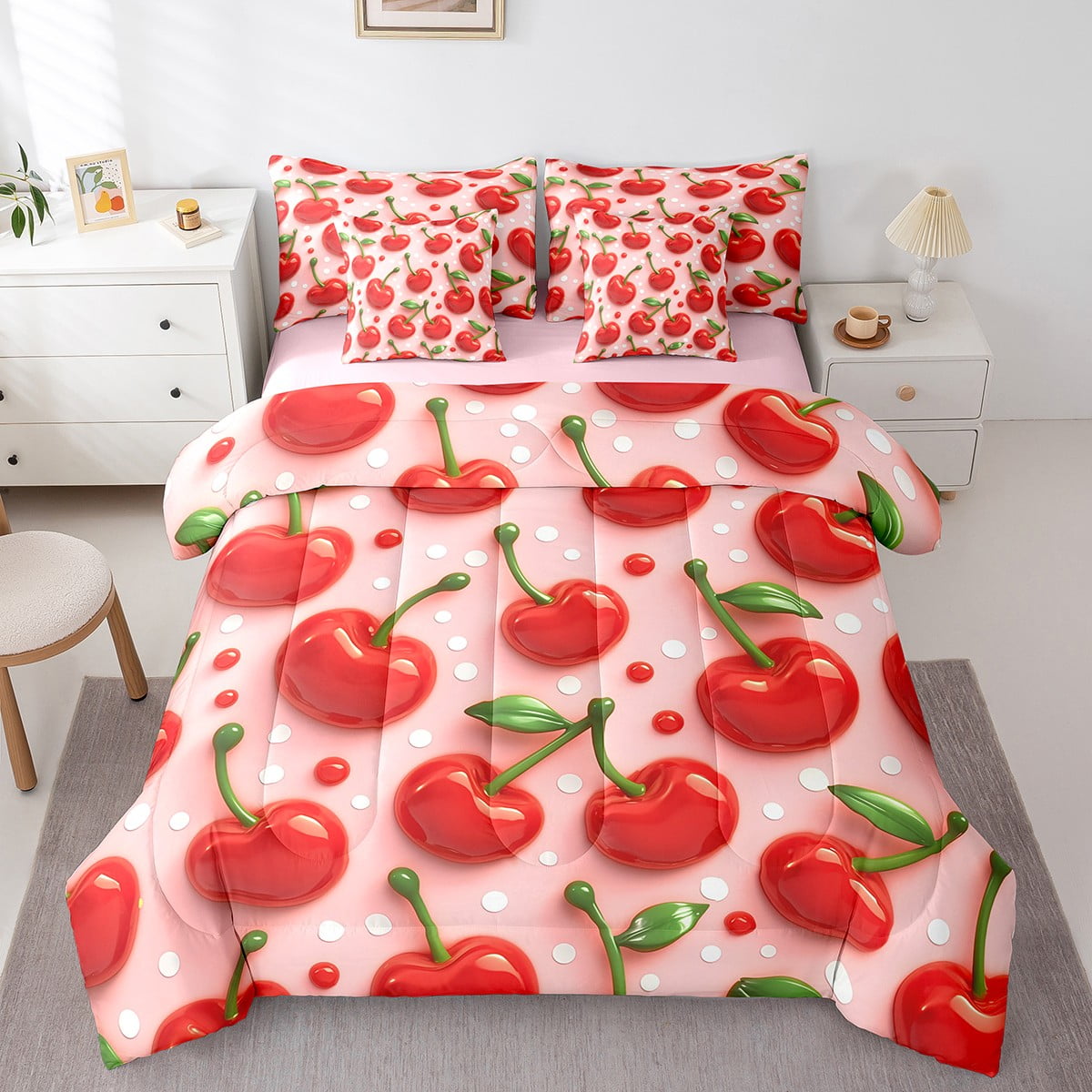 Feelyou 3D Red Cherry Bedding Comforter Set 7-Piece, Fresh Fruit King ...