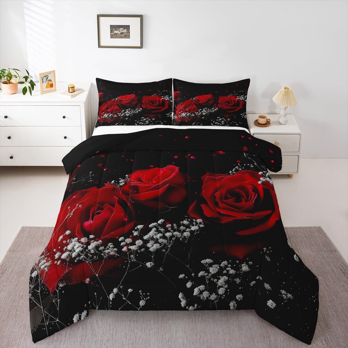 Manfei 3D Red Rose Queen Comforter Set, Flower Floral Bedding Comforter ...