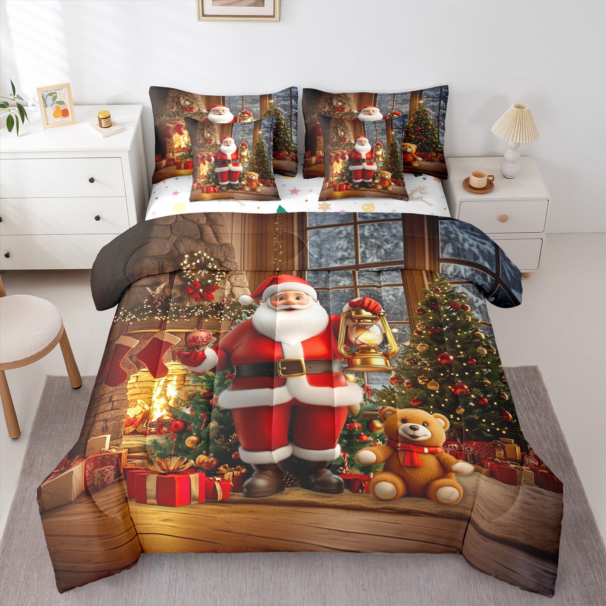 Manfei 3D Santa Claus Twin Bedding Sets 7-Piece for Kids, Cartoon Bear ...