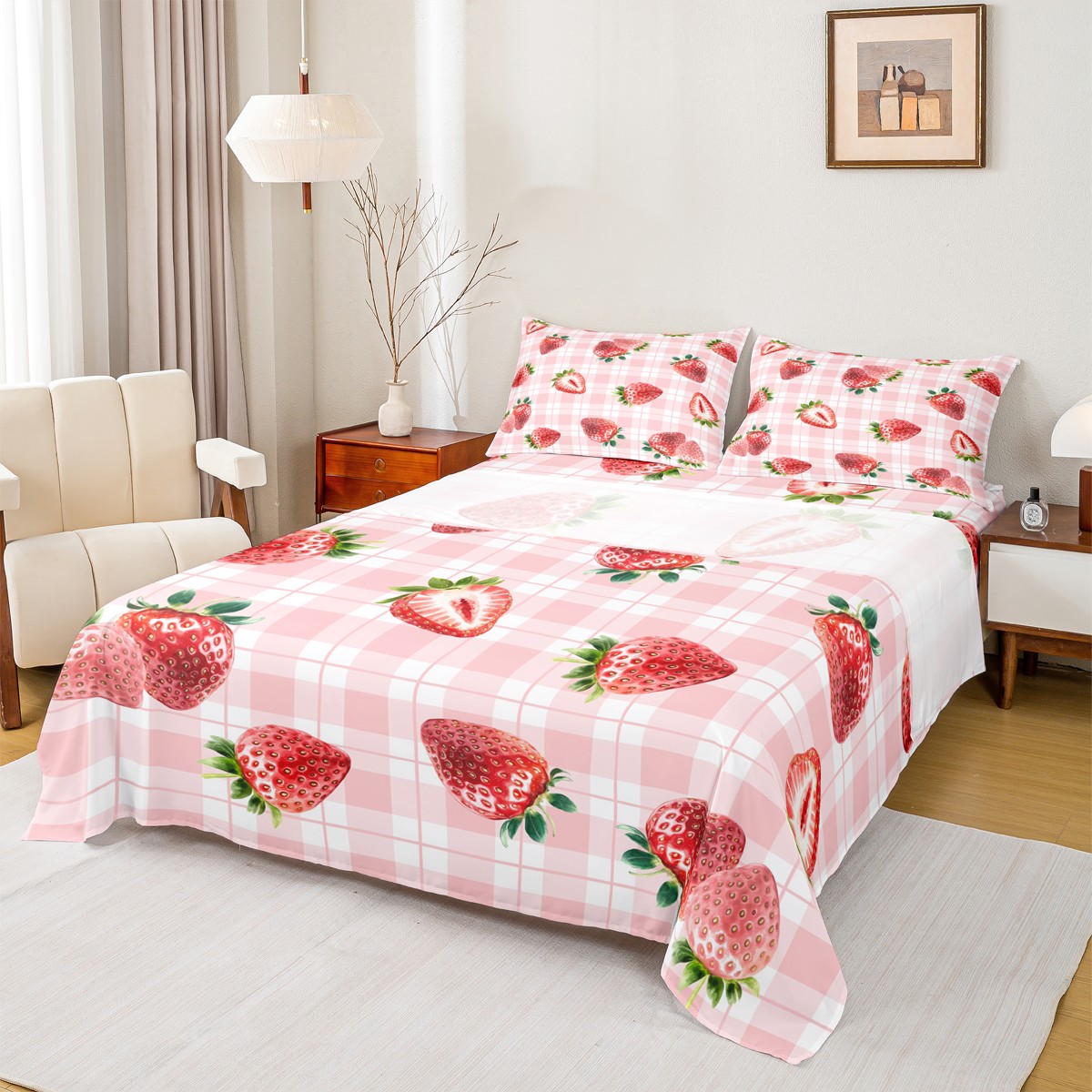 Feelyou 3D Strawberry Bed Sheets, Pink Plaid Buffalo King Sheets ...