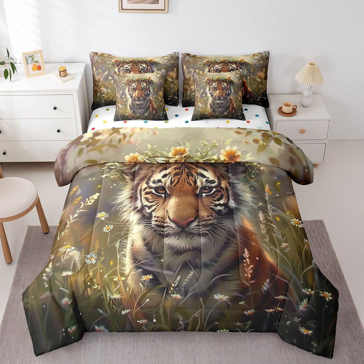 Manfei 3D Tiger Print Bedding Comforter Set 7-Piece, Woodland Wildlife ...