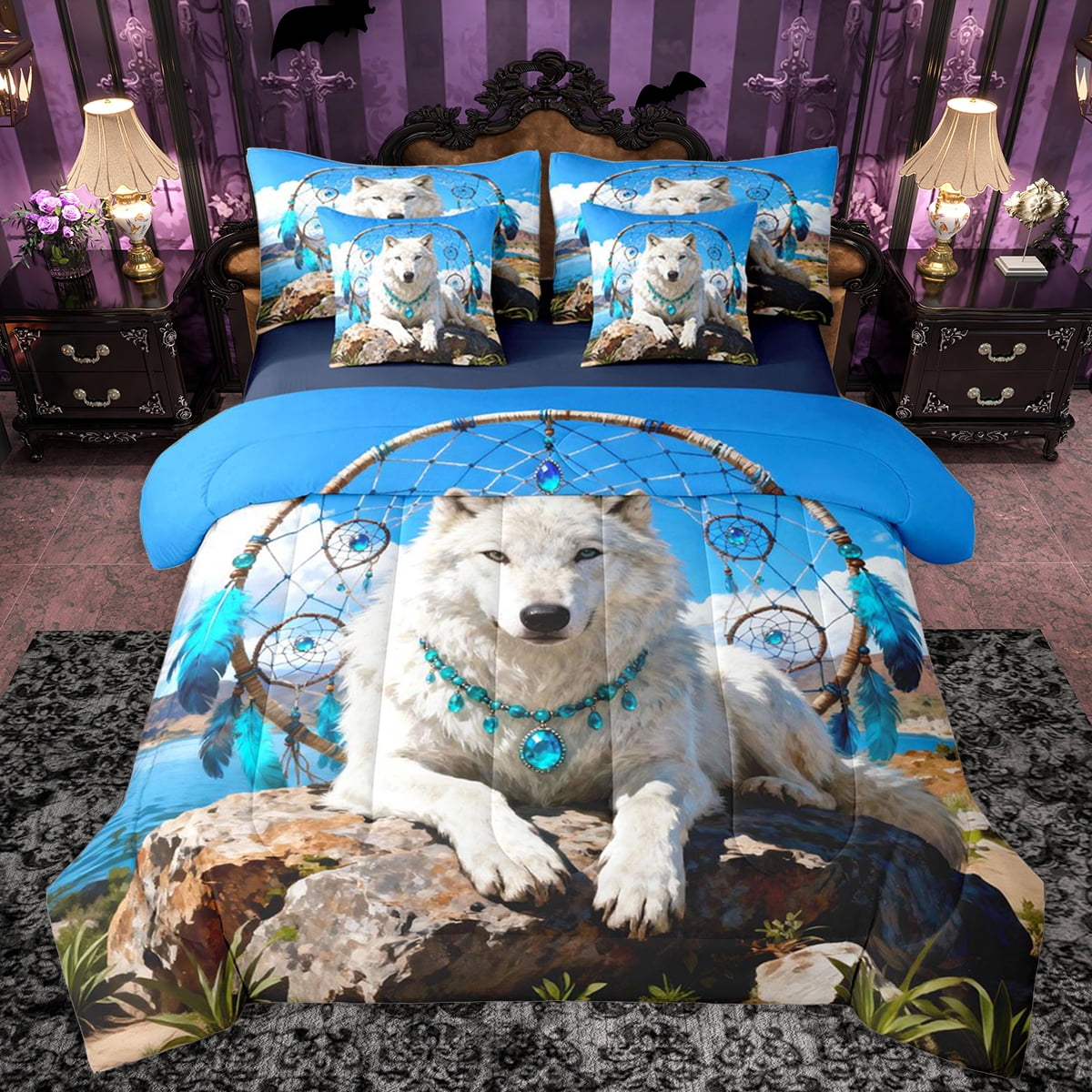 Manfei 3D Tribal Wolf Bedding Comforter Set 7pcs for Adult, Mystic ...