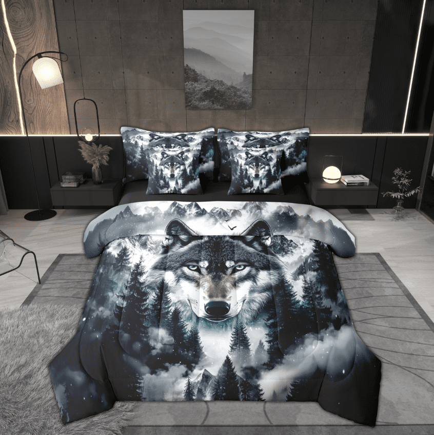 Manfei 3D Wolf Bedding Comforter Set 7 Pieces for Kids, Nature Snow ...